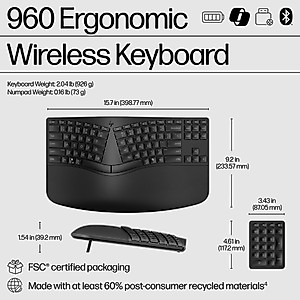 HP 960 Ergonomic Wireless Keyboard - Connect 3 Devices with Bluetooth & Unifying Dongle Connectivity - 20 Programmable Keys, Detached Numeric Keypad - Extra-Large Foam Wrist Rest, Long Battery Life