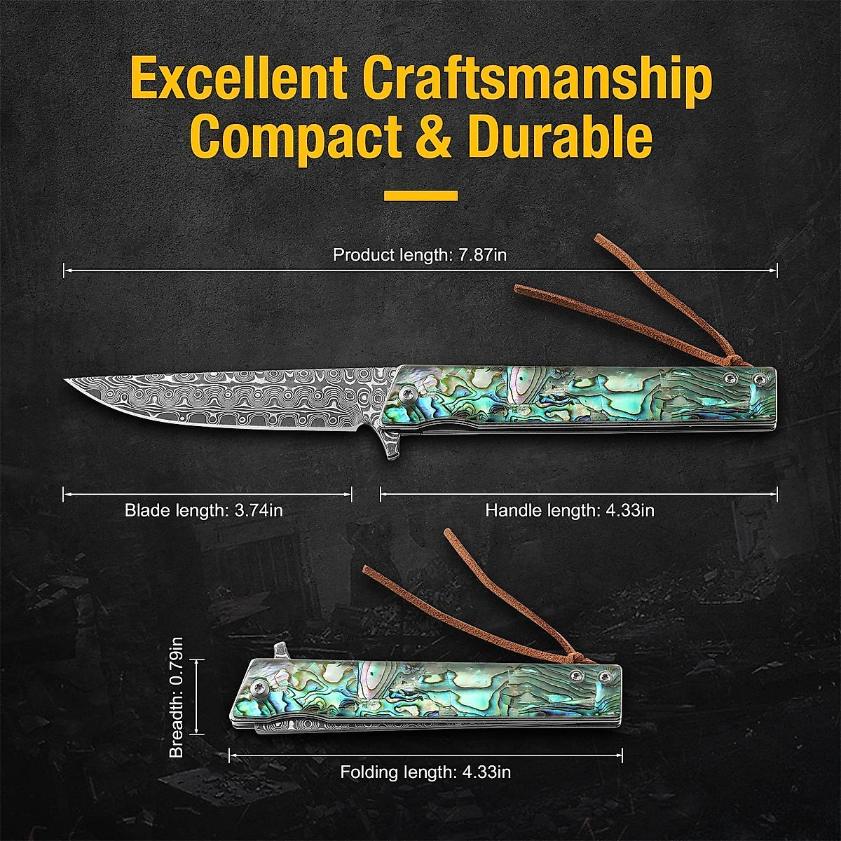 AUGENWEIDE Damascus Steel Pocket Knife, Abalone Handle, Damascus Knife with for Men, Great As Father's Valentine's Day Christmas Day Gift (A-KNIFE WITH SHEATH)