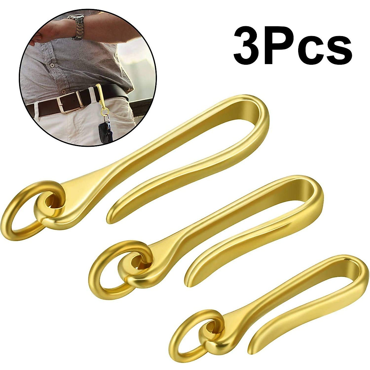 Hotop 3 Pcs Belt Clip Key Rings Hook Keychain Solid Brass U Hook Key Chain Belt Wallet Clip Holder Gold Loop for Men Women