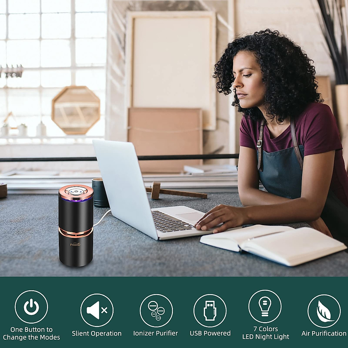 Mini Air Purifier USB Air Purifiers for Car Office Desk Small Room, Super Quiet with LED Night Light, No Adapter (Black)