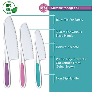 Ragazzacucine Kids Knife Set of 3 - Firm Grip, Serrated Edges & Safe – Colorful Nylon Toddler Cooking Knives to Cut Fruits, Salad, Cake, Lettuce (PurpleMulti)