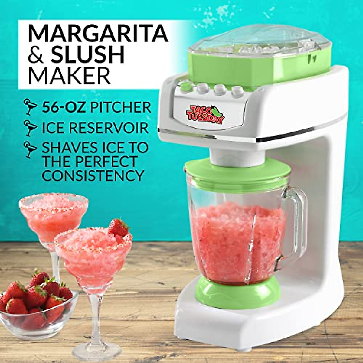 Taco Tuesday 56-Oz. Margarita & Slush Maker, Shave, Blend, and Shave-Blend Settings, Water Drip Reservoir and Cord Storage Included, White/Lime Green
