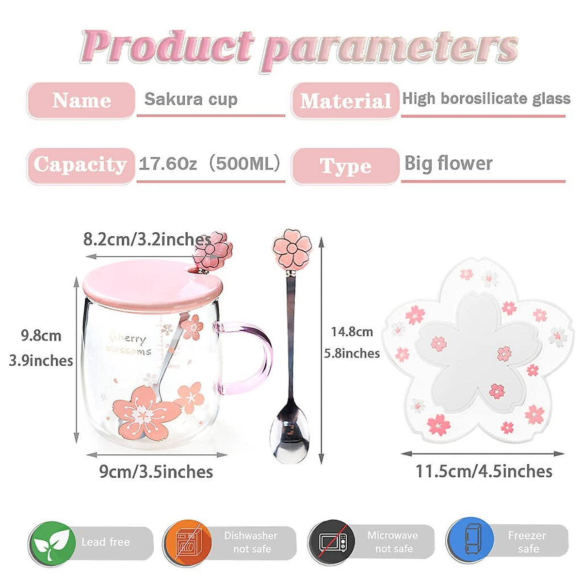 ZRAGEK Sakura Mug Creative Sakura Cup Coaster, Office Drinking Cup with Scale, Cute Heat Resistant Glass Mug with Lid Spoon, 17.6 oz Large Capacity(Big flower,17.6Oz)