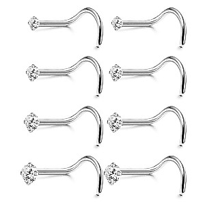 Vitaltyextracts Nose Stud Corkscrew Nose Rings 20g Hypoallergenic Surgical Steel Nose Ring Fake Nose Piercing kit Cubic Zirconia Clear Nose Studs