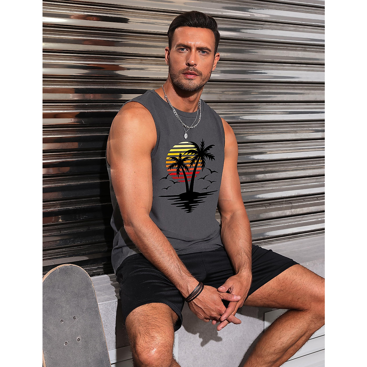 Tank Tops Men Men's Tank Shirts Mens Tank Tops Summer Graphic Palm Tree Print Beach Workout Gym Tank Tops Sleeveless Hawaiian Tank Top Men