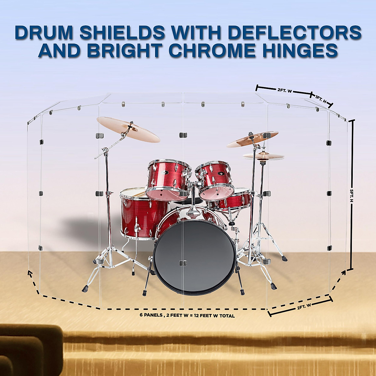 PENNZONI Drum Shield 5ft w/Deflectors & Chrome Hinges, Comes w/ 6 Drum Panels, 6 Deflectors, Chrome Hinges & Deflector Connectors, Premium Clear Acrylic Panels