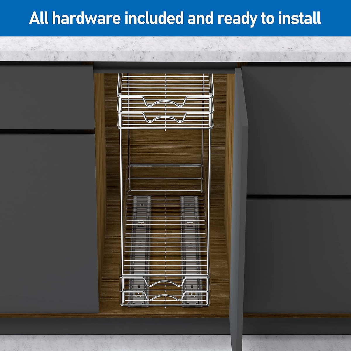 Lepatape Pull Out Cabinet Organizer Cabinet 2-Tier Pull Out Shelves Kitchen Cabinet Organizer (7" W x 21" D x 17" H) Kitchen Organization Slide Out Kitchen Cabinet Storage Shelves Chrome Finish