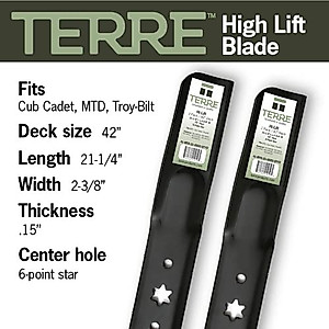 Terre Products, 2 Pack, High Lift Lawn Mower Blades, 42 Inch Deck, Compatible with Cub Cadet RZT, XT1, XT2, 942-04308, 942-04312, Troy Bilt 742-04308, 742-04312, Craftsman LT1000, LT2000, LT3000