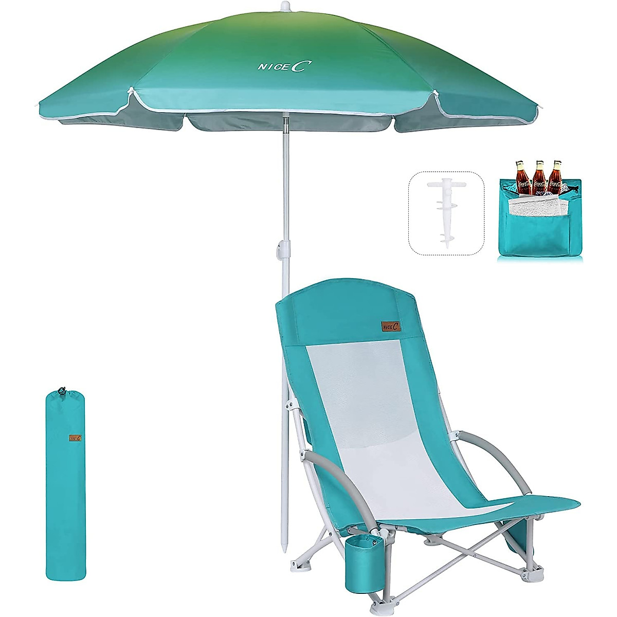 Nice C Beach Chair with Cooler and Umbrella + Low Beach Camping Chair