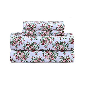 Feather & Stitch Softest 100% Cotton Sheets, 4 Pc Set, 300 Thread Count Percale Weave Bedding, 16" Deep Pocket, Cooling Sheets, Breathable Bed Set (Full, Sheet Sets, Floral)
