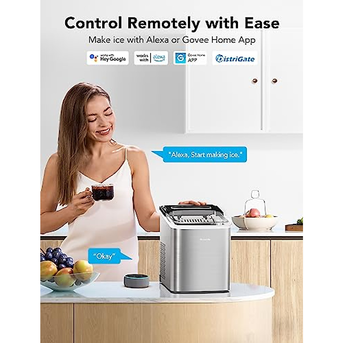 GoveeLife Smart Countertop Ice Makers, Self-Cleaning, Portable Ice Maker Works with Alexa, 9 Cubes Ready in 6min, 26lbs/24H, for Home Kitchen Party Camping, With Ice Scoop Ice Basket Stainless Silver