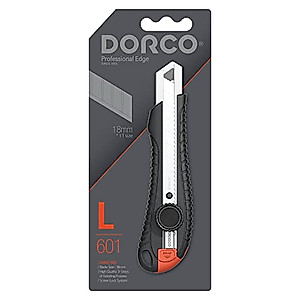 DORCO Professional Quality Utility Box Cutter Knife S601 - Solid Screw-Lock Safety System Wheel Type, Large Design, Retractable, Built-In Snap-Off Tool, Replaceable Carbon Steel Blade - 18mm