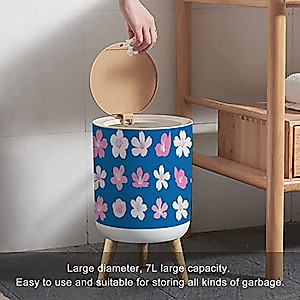 Trash Can with Lid Set of 21 Cherry Blossom Illustrations Press Cover Small Garbage Bin Round with Wooden Legs Waste Basket for Bathroom Kitchen Bedroom 7L/1.8 Gallon