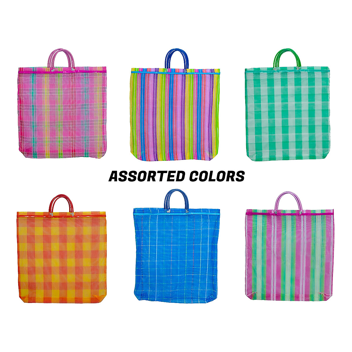 La Sol Imports Large Mercado Mexican Bags Tote Reusable Colorful Durable Mesh Grocery Bag 20 x 22 in Plus 5 in Handle (3 Piece 20 in)