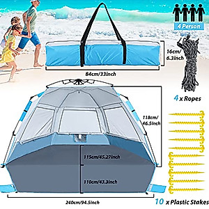 ABCCAMPING Beach Tent Instant Pop up Sun Shade Shelter for 4-6 Person with UV Protection，Extended Floor，3 Mesh Roll Up Windows with Carry Bag, Sandbags, Stakes(Sky Blue)