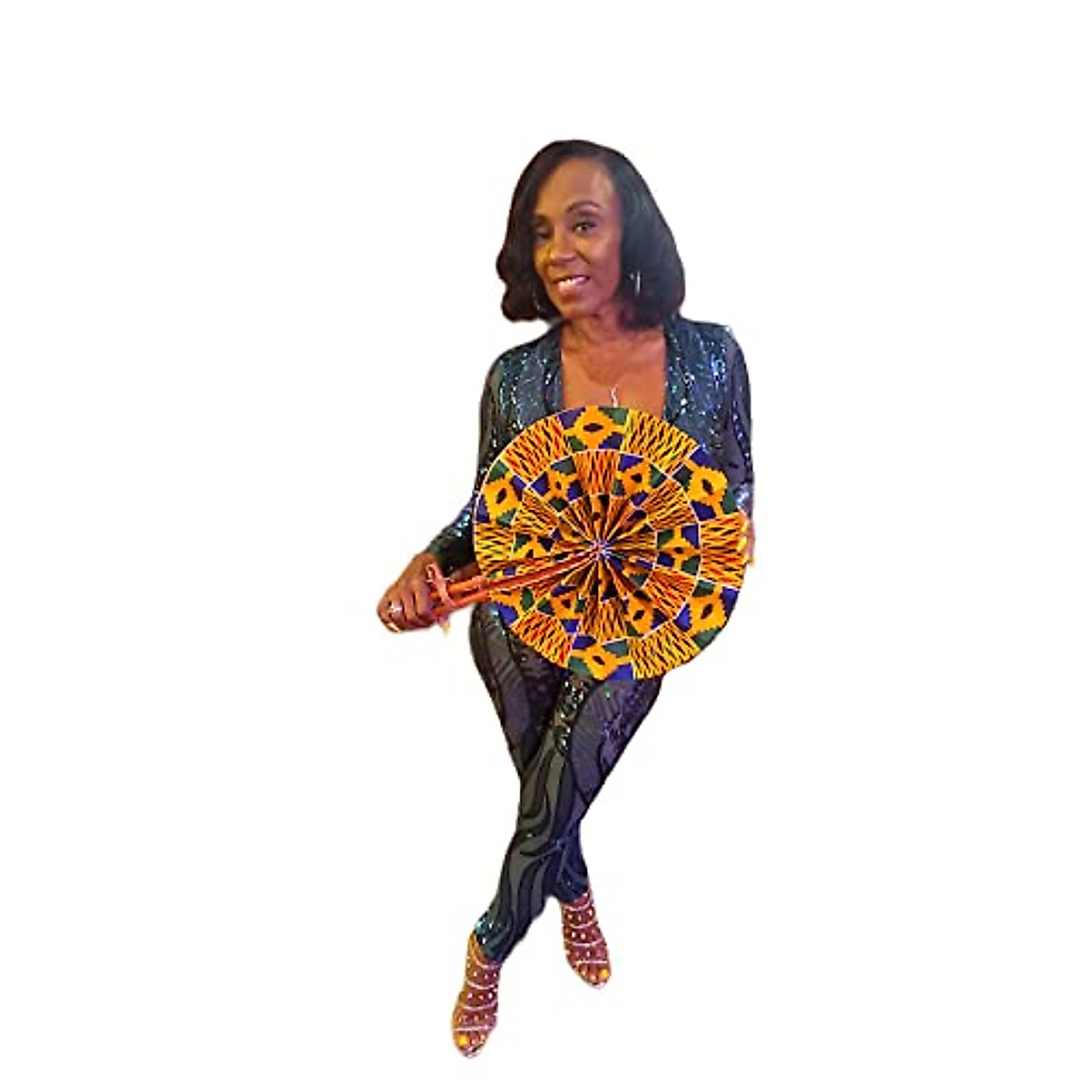 African Ankara Print Folding Fan - Large Handheld Fan for Church, Weddings, Decorative Wall, and More