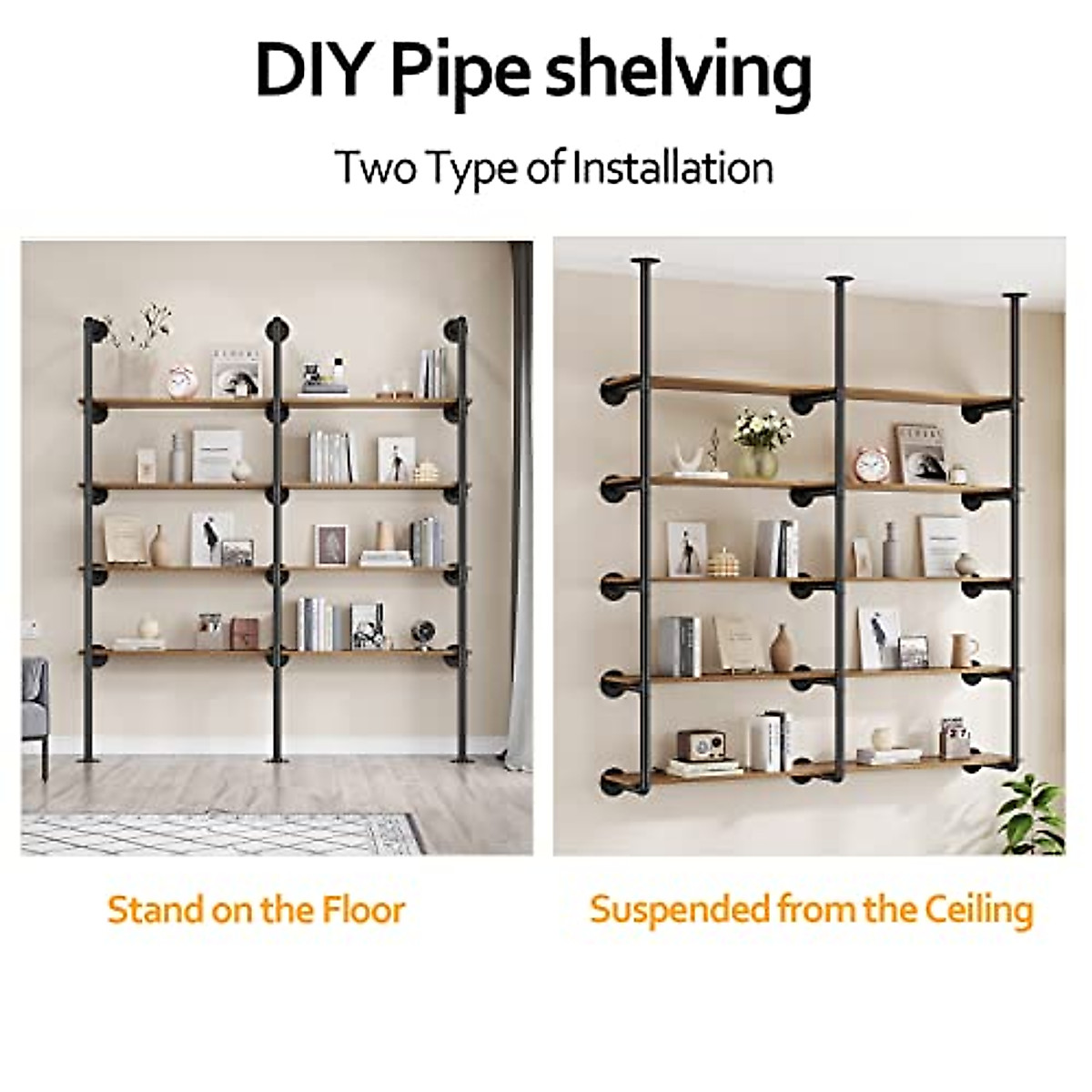 Pynsseu Industrial Iron Pipe Shelf Wall Mount, Farmhouse DIY Open Bookshelf, Pipe Shelves for Kitchen Bathroom, bookcases Living Room Storage, 3Pack of 5 Tier.