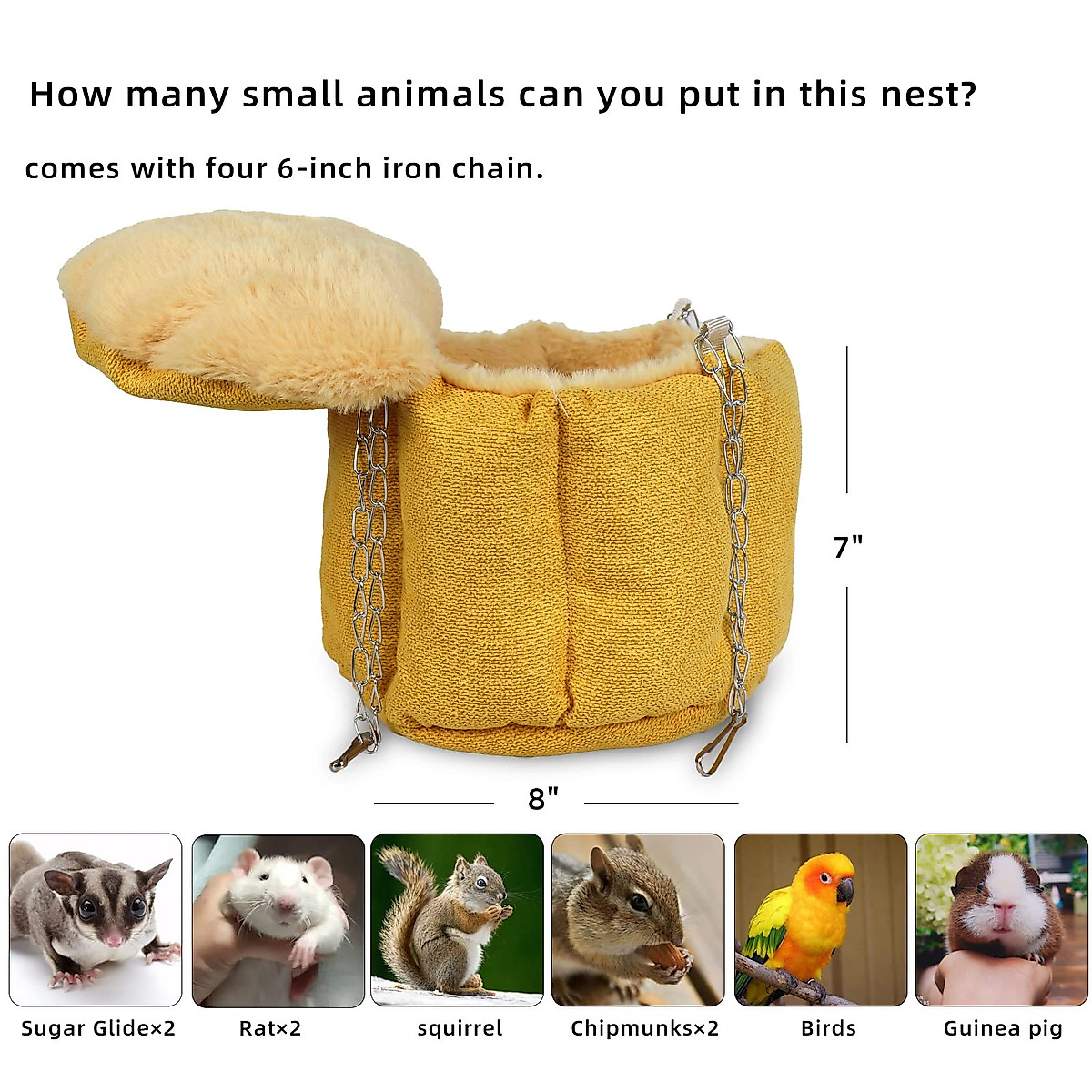 Rat Bed, Sugar Glider Hammock, Rat Bed for Cage, Guinea Pig Hanging Basket Warm Bed, Sugar Glider Pouch Hanging Bed, Small Animals Removable Nest Mat for Hamster, Syrian Hamster (Yellow)