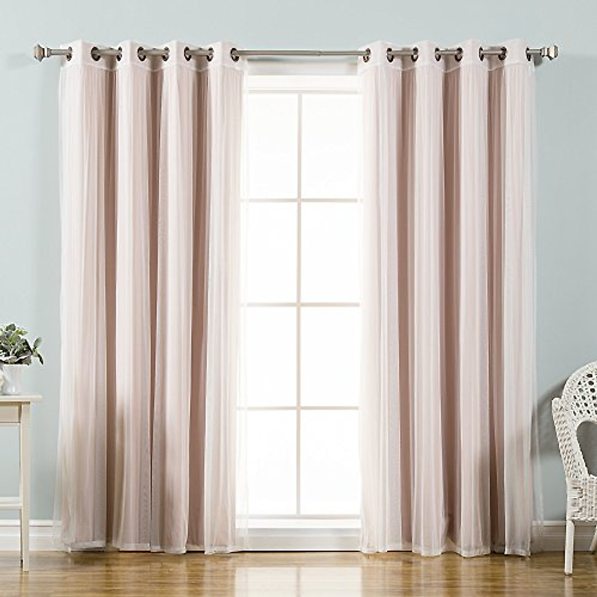Best Home Fashion Mix & Match Tulle Sheer Lace & Blackout Curtain Set - Antique Bronze Grommet Top - Dusty Pink - 52"W X 84"L - (2 Curtains and 2 Sheer curtains)