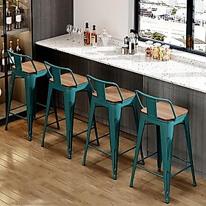 Alunaune 26" Metal Bar Stools Set of 4 Industrial Counter Height Barstools Kitchen Counter Stool Modern Wood Seat-Distressed Teal