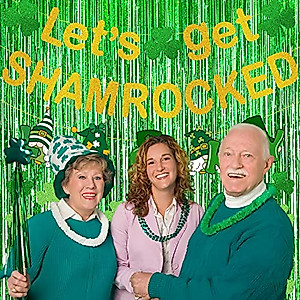 BRAVESHINE Green Glitter Tinsel Foil Fringe Curtains - 2 Pack 3.2 x 8.2 ft Metallic Photo Backdrop for St Patricks Day Tropical Hawaiian Jungle Safari Dinosaur Birthday Christmas Party Decorations