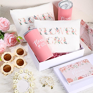 Inbagi 12 Pcs Flower Girl Set Including Flower Girl Tumbler Round Flower Sunglasses Canvas Bag Will You Be My Flower Girl Proposal Card Bracelet Hair Clip for Wedding Engagement Bridal Party(Pink)