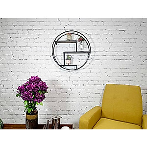 Admired By Nature Mounted Iron Hanging Storage 3 tier Floating Shelves Wall Shelf, Round Black Large