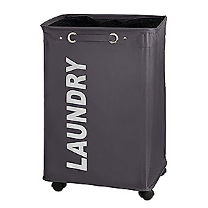 WENKO Quadro Laundry Basket with Wheels, Rolling Laundry Bin with Lid, Slim Laundry Hamper, Laundry Sorter, Clothes Storage, Grey, 15.7 x 23.6 x 13 inch