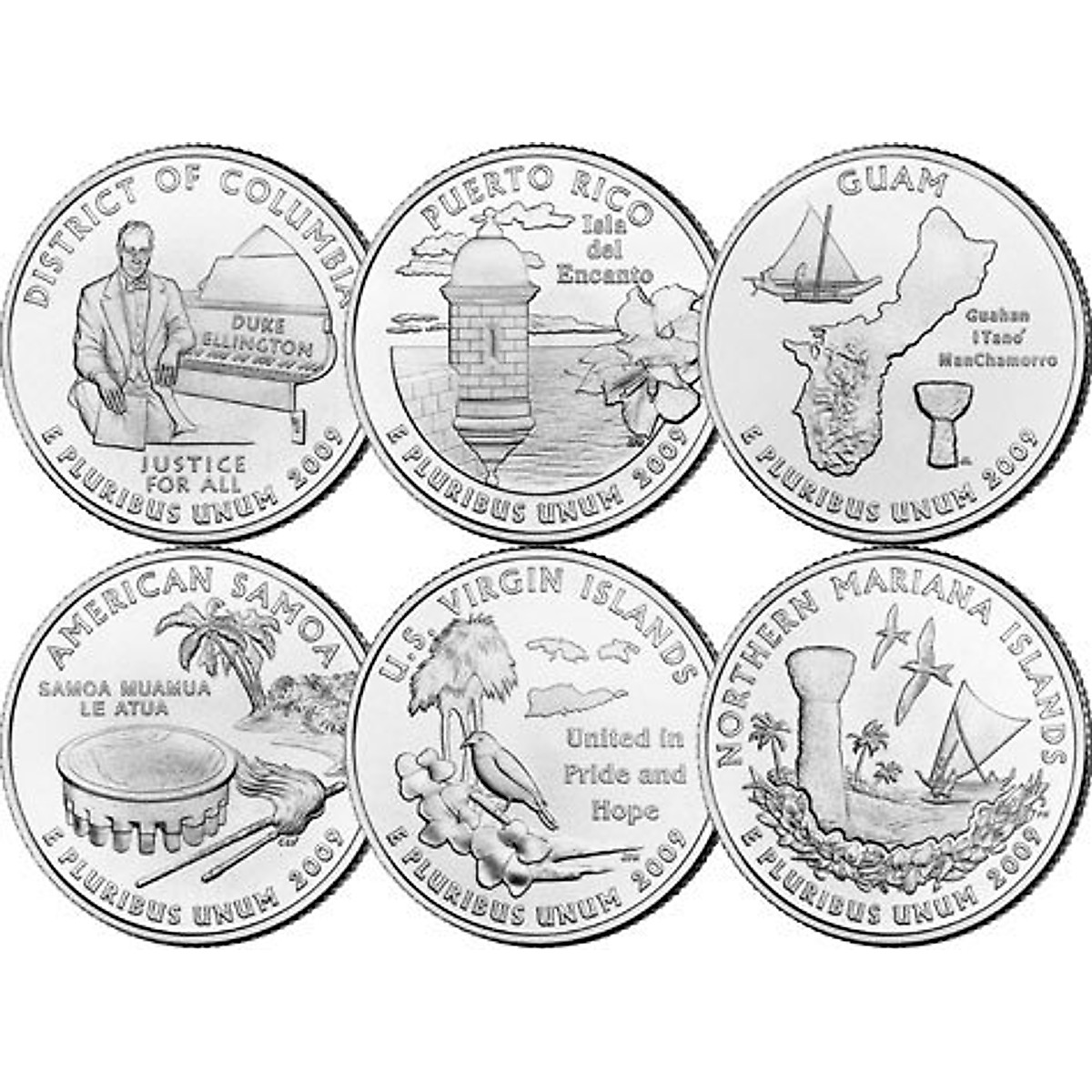 2009 P Complete Set of all 6 DC & Territories Quarters Uncirculated