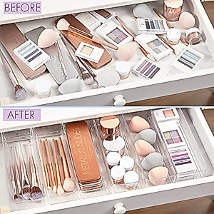 STORi SimpleSort 6-Piece Stackable Clear Drawer Organizer Set | 9" x 3" x 2" Rectangle Trays | Narrow Makeup Vanity Storage Bins and Office Desk Drawer Dividers | Made in USA