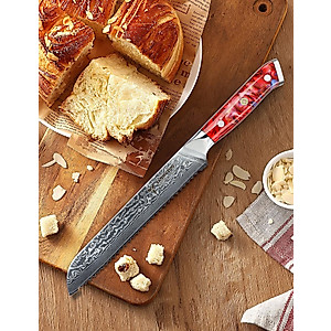 SANMUZUO 8” Bread Knife Serrated Kitchen Chef Knife - Damascus Steel & Resin Handle - Xuan Series (Sunset Red)