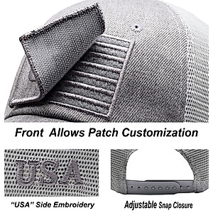 Antourage American Flag Unconstructed Hat for Men and Women Twill Mesh Snapback Baseball USA Flag Cap + 2 Patriotic Patches ((52) Grey Classic Mesh Snapback with Keyhole)