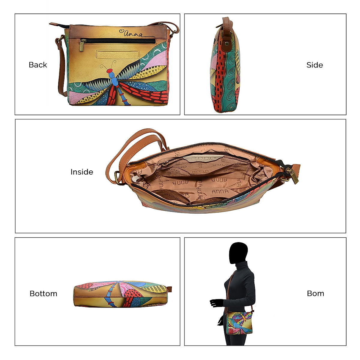 Anna by Anuschka Women's Anna Anuschka Hand Painted Women s Genuine Leather Slim Medium Crossbody Dancing Dragonflies, Dancing Dragonflies, One Size US