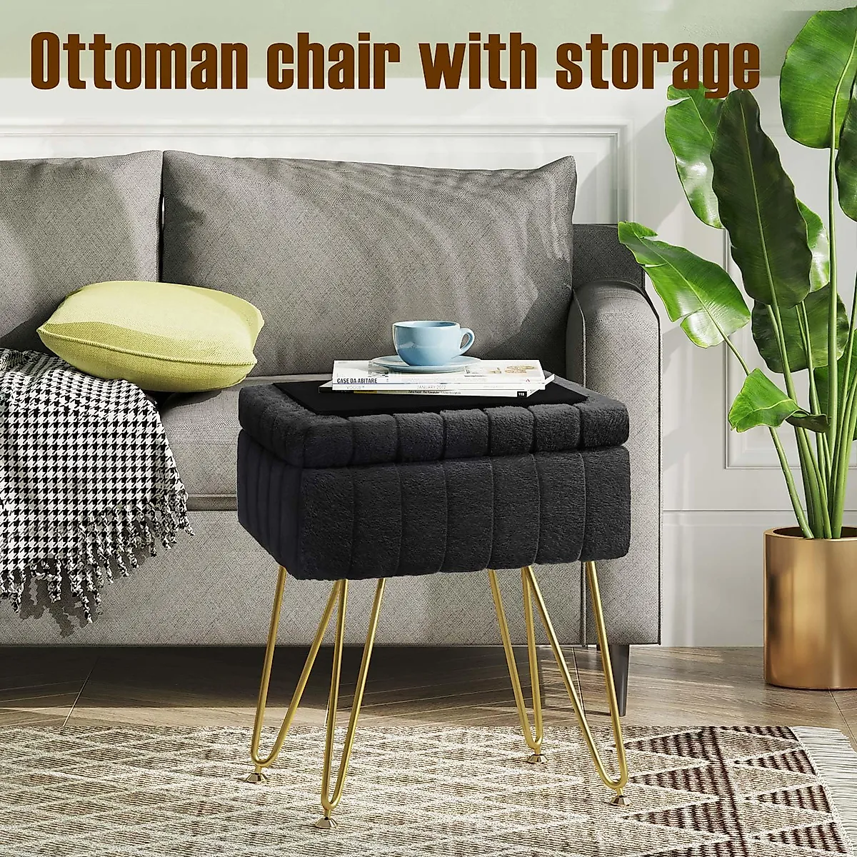 Greenstell Vanity Stool Chair Faux Fur with Storage, 15.7"L x 11.8"W x 19.4"H Soft Ottoman 4 Metal Legs with Anti-Slip Feet, Furry Padded Seat, Modern Multifunctional Chairs for Makeup, Bedroom Black