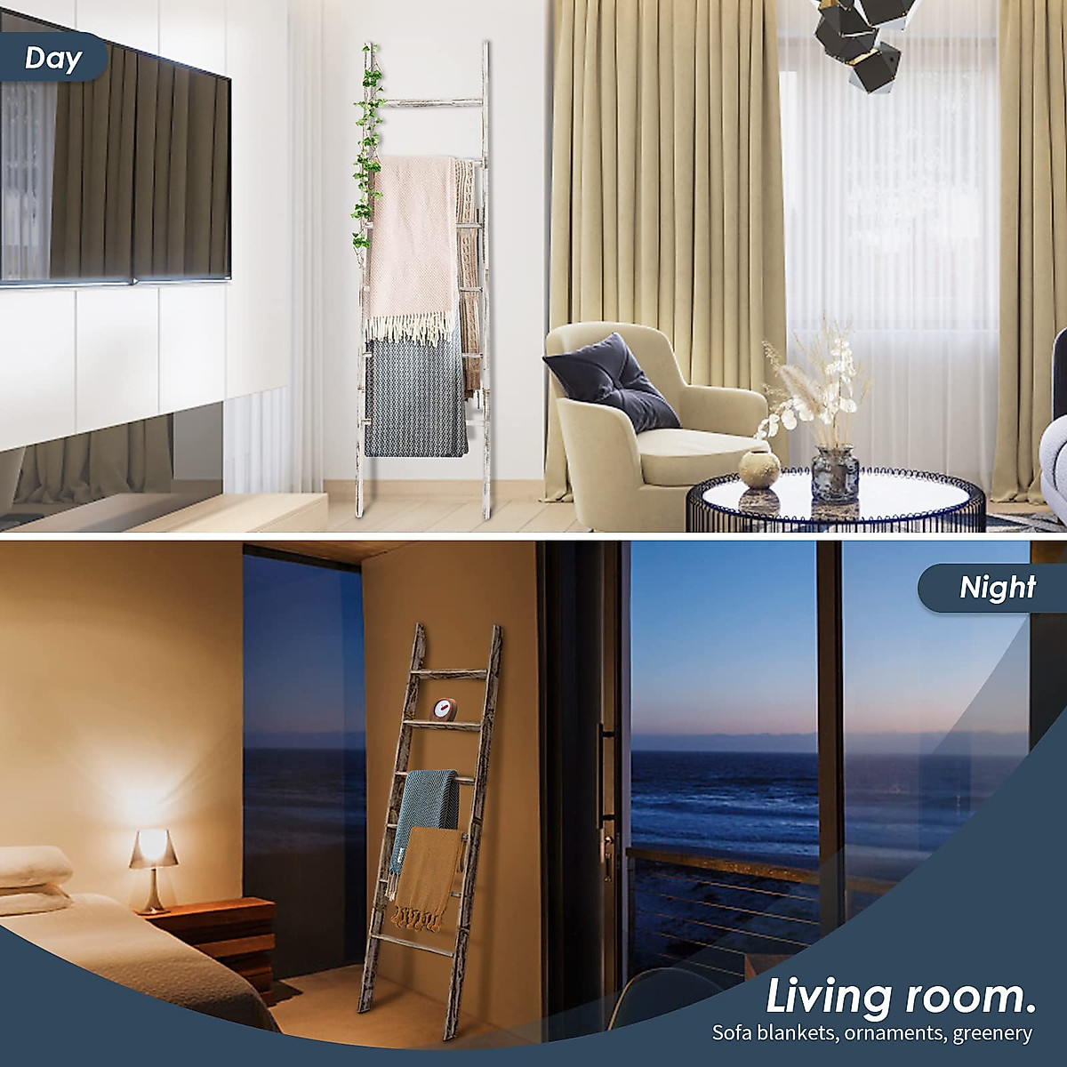 6-Tier Blanket Ladder Wooden, 5.7FT(66.5'') Blanket Quilt Towel Holder Rack Decorative Ladder, Easy Assembly, Rustic Farmhouse Ladder Shelf for The Living Room Bedroom Bathroom Home Decor, White Wash