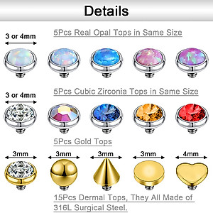 PunkTracker 316L Surgical Steel Opal Dermal Piercing Jewelry Cubic Zirconia Dermal Tops Internally Threaded Dermal Piercing Kit Dermal Jewelry