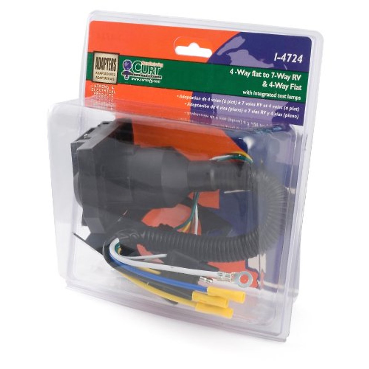 CURT 57674 Dual-Output 4-Way Flat Vehicle-Side to 7-Way RV Blade Trailer Wiring Adapter with Tester , black
