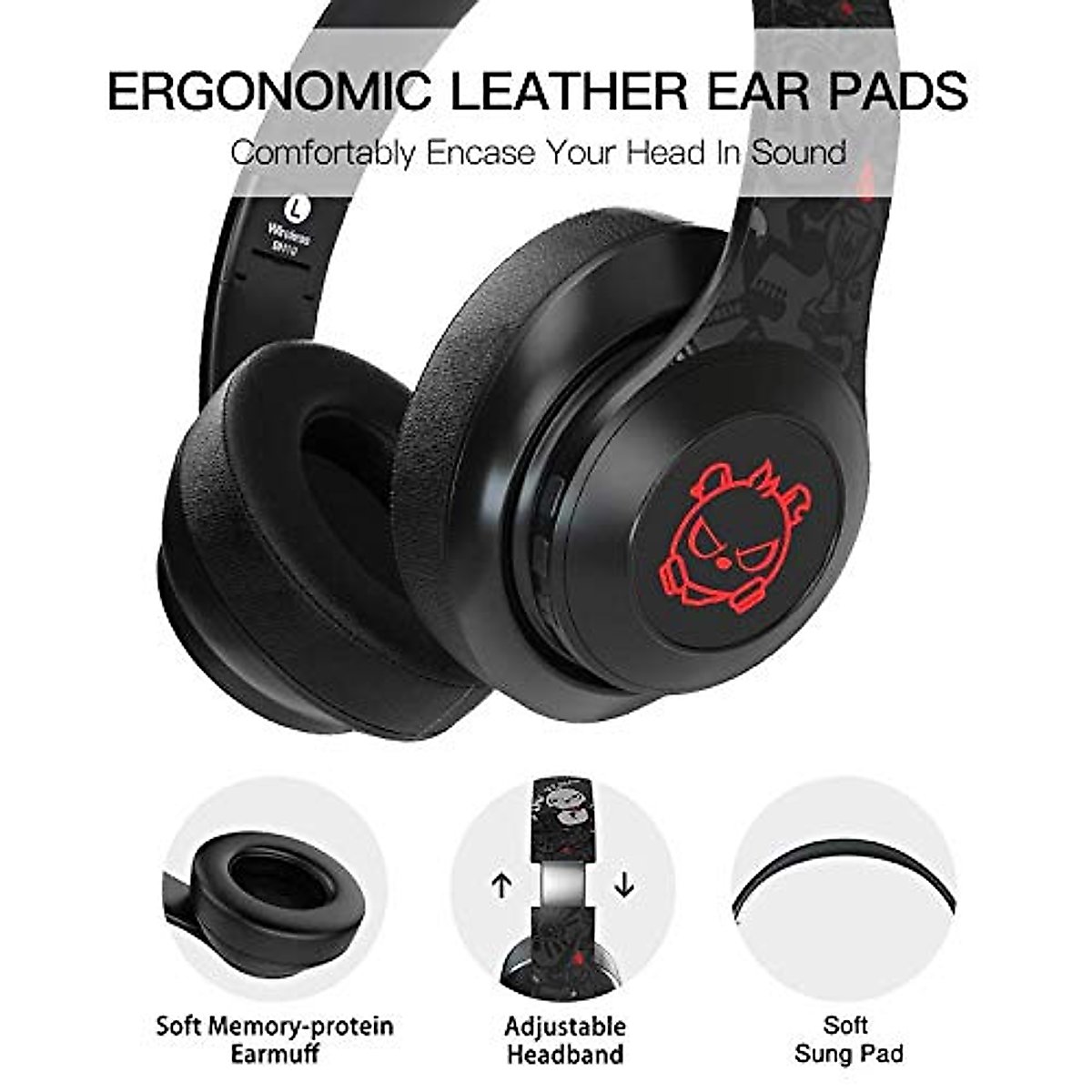 B.U Angry Bear, Bluetooth 5.0 Over Ear Headphones, Wireless/Wired, Built-in Microphone, 7-Color LED Light Display System, Deep Bass, Compatible with Smartphones, Tablets, Computers, and TV. (Black)