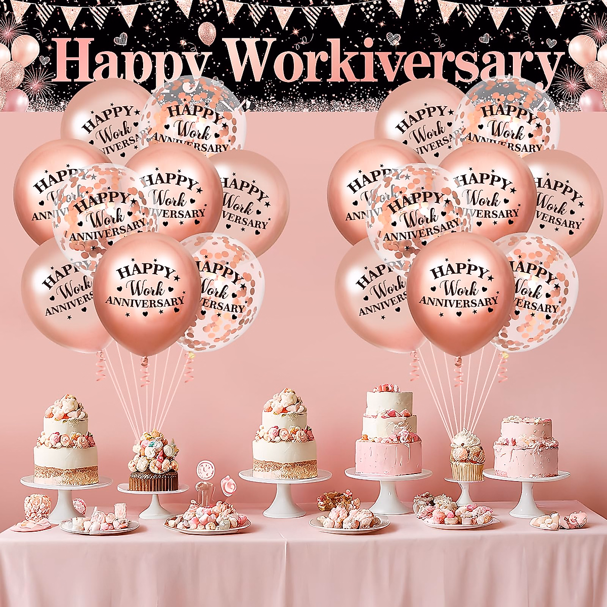 Happy Work Anniversary Decorations Banner Rose Gold Happy Workiversary Banner Yard Sign with 18 Pcs Balloons for Office Anniversary Party Decoration Employee Appreciation Banner Office Party Supplies
