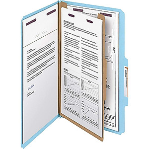 Smead Pressboard Classification File Folder with SafeSHIELD Fasteners, 1 Divider, 2" Expansion, Legal Size, Blue, 10 per Box (18730)