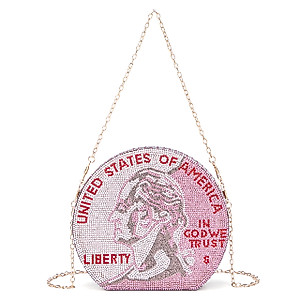 Covelin Women's Dollar Coin Handbag Rhinestone Purse Evening Clutch Bag Pink