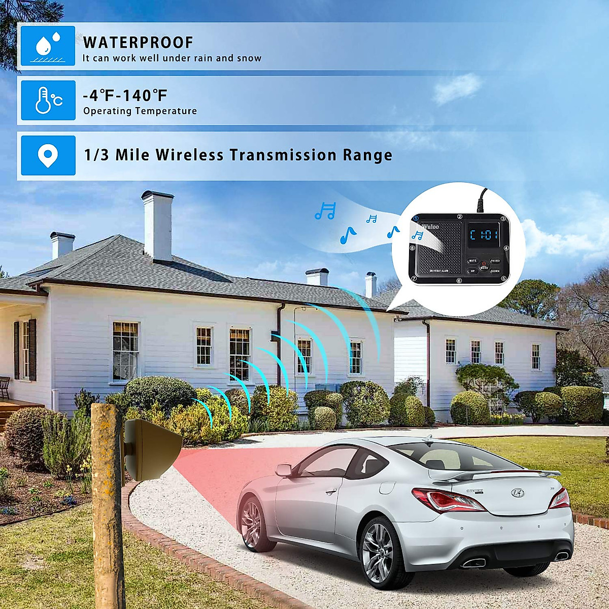 Solar Driveway Alarm Wireless Outside 1800ft Range, Outdoor Motion Sensor & Detector Driveway Alert System with Rechargeable Battery/Weatherproof/Mute Mode(1&1-Brown)