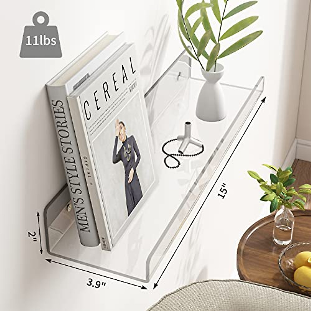 Fixwal Acrylic Shelves, 15 Inch Floating Wall Mounted Shelves, Clear Funko Pop Display Case, Invisible Bookshelf, Wall Decor for Kids and Bathroom Storage, Set of 6