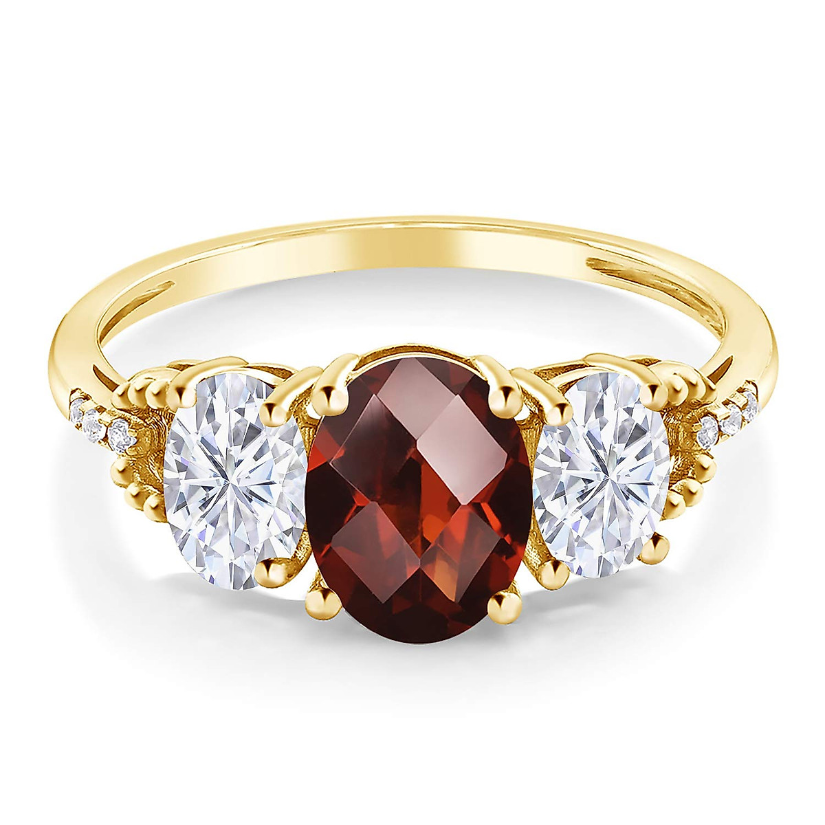 Gem Stone King 10K Yellow Gold Red Garnet White Moissanite and Diamond Accent 3-Stone Engagement Ring For Women | 2.58 Cttw | Gemstone Birthstone | Size 5,6,7,8,9