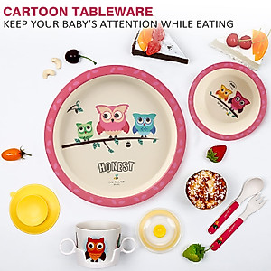 Greentainer 5 PC Kids Toddler Dinnerware Sets Bamboo Toddlers Dishes Set Kids Feeding Plates and Bowls Sets with Sunction and Utensil Flatware Durable & BPA Free