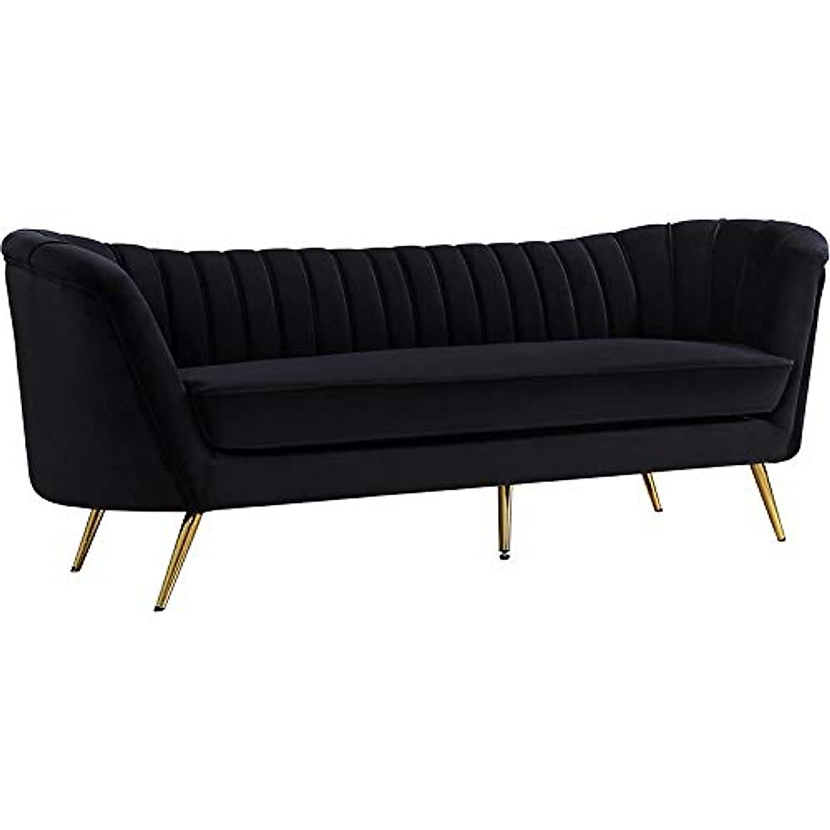 Meridian Furniture Margo Collection Modern | Contemporary Velvet Upholstered Sofa with Deep Channel Tufting and Rich Gold Stainless Steel Legs, Black, 88" W x 30" D x 33" H