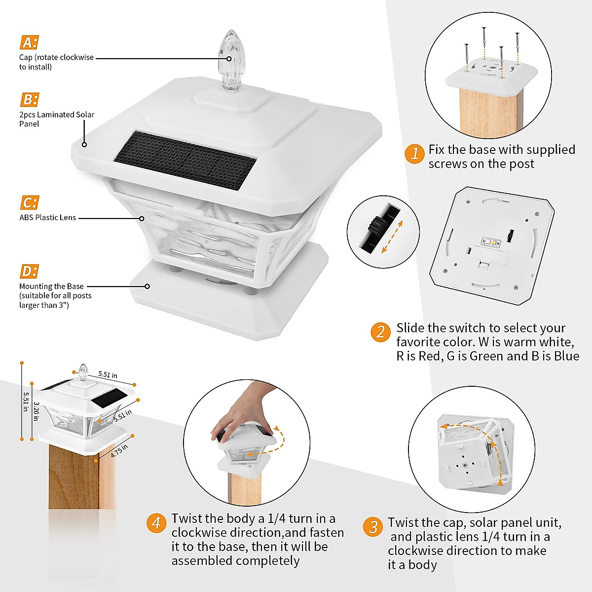LIEFGARDEN White Solar Post Cap Lights Warm White/Red/Green/Blue 4 Lighting Mode, 15 Lumens 1000mAh Battery IP54 Waterproof, Fits 3.5x3.5 4x4 4.5x4.5 5x5 Fence Post Lights Solar Powered (2 Pack)