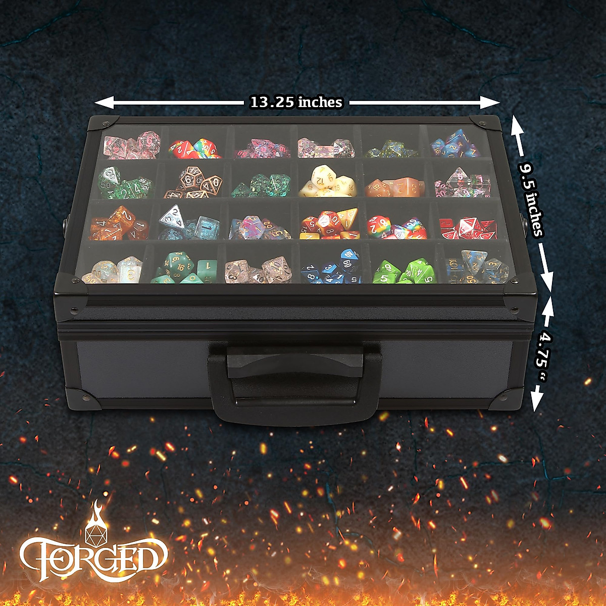 Forged Dice Co. Dice Display Case and Rolling Tray with 3 Removable Divided Dice Trays - Storage Box Holds up to 720 Metal or Plastic Polyhedral Dice Sets - Great for Dice Collectors or RPG D&D Games