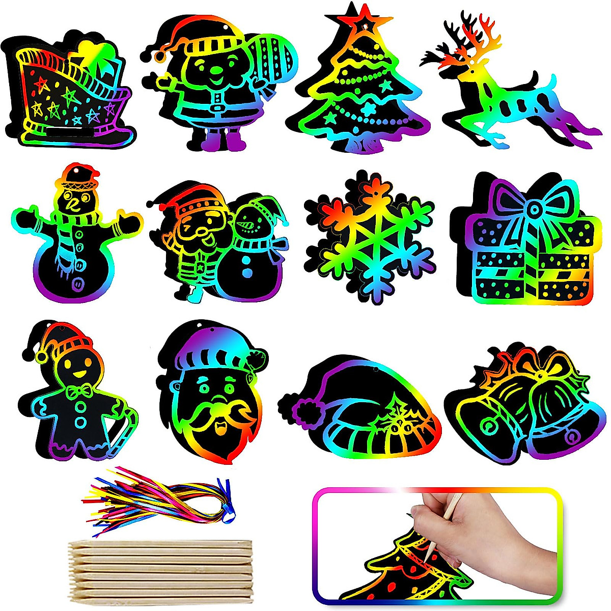 Max Fun Christmas Crafts Scratch Art for Kids, 48PCS Magic Rainbow Scratch Off Paper Cards, Christmas Ornaments Hanging Art for Kids Party Favors Supplies, Stocking Stuffers Educational Toys