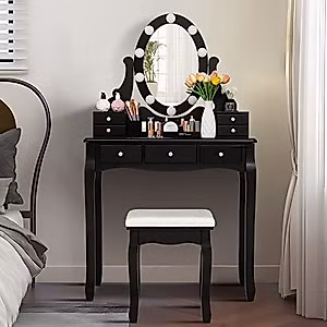 Quimoo Large Vanity Desk with LED Lighted Mirror & Power Outlet,Makeup Vanity Table with 7 Drawers,4 Shelves and 8 Hooks,for Bedroom,Bathroom,Black